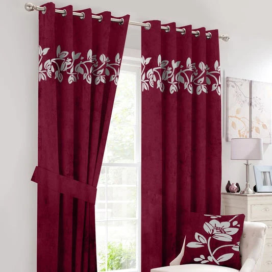 Pair of Laser Cutwork Floral Velvet Curtains White on Maroon With Tie ...